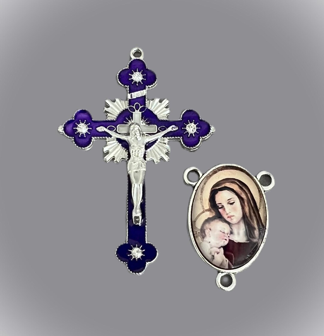 Rhinestone PURPLE Rosary Crucifix & Madonna Child Rosary Centerpiece ...