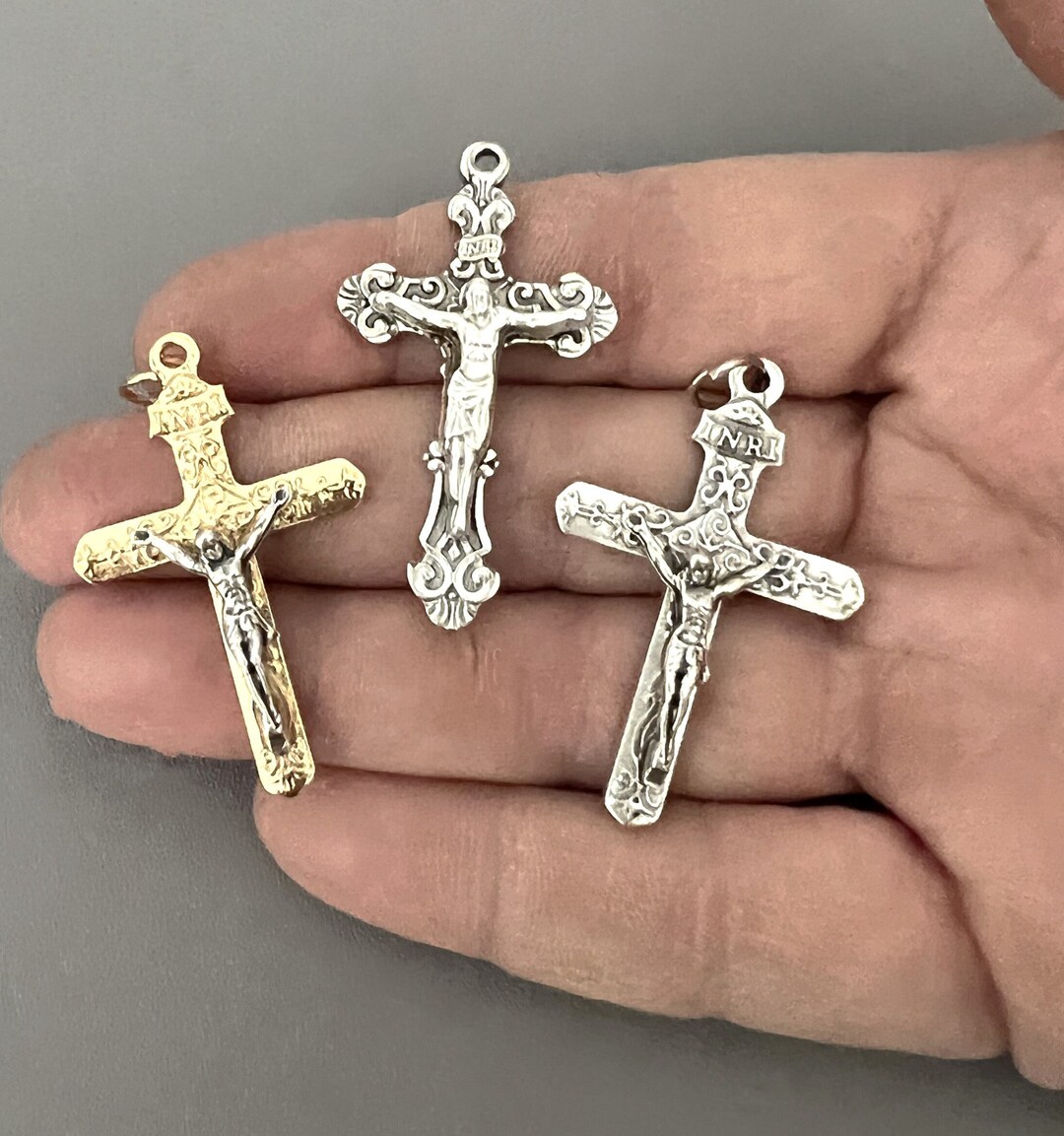Italy Jesus INRI 1.5" Silver Rosary Crucifix / Heavy Cross 1.5" Gold ...