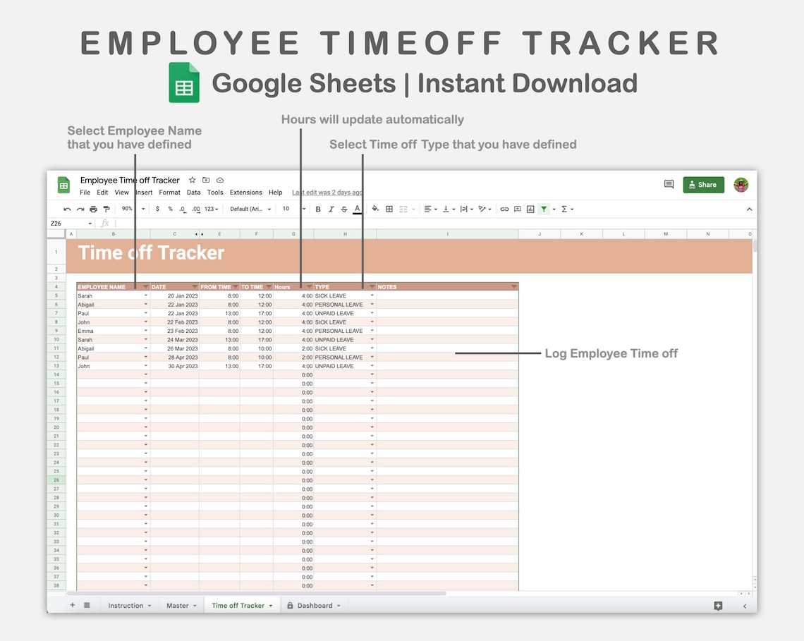Google Sheets Employee Time off Tracker, Vacation Tracker, Sick Tracker, Time off Log ...