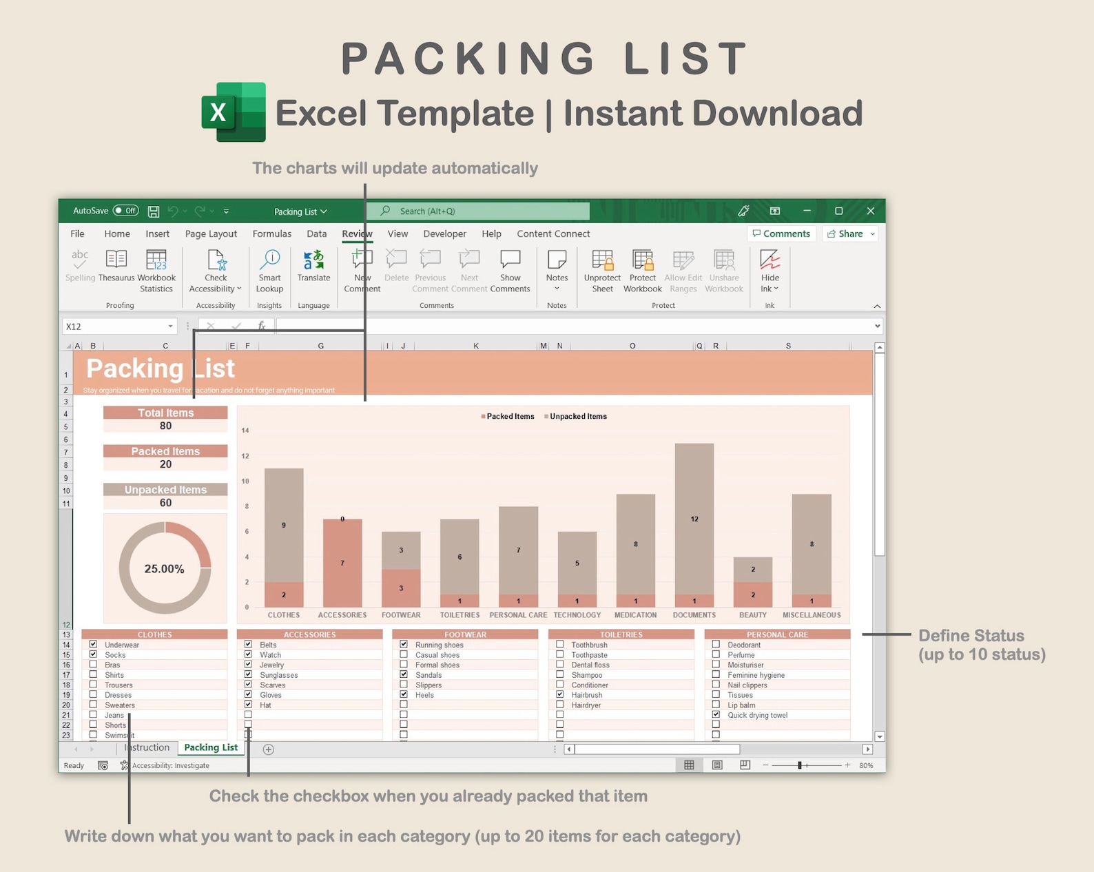 Packliste Excel Packliste Vorlage Excel Tabellenvorlage - Etsy.de