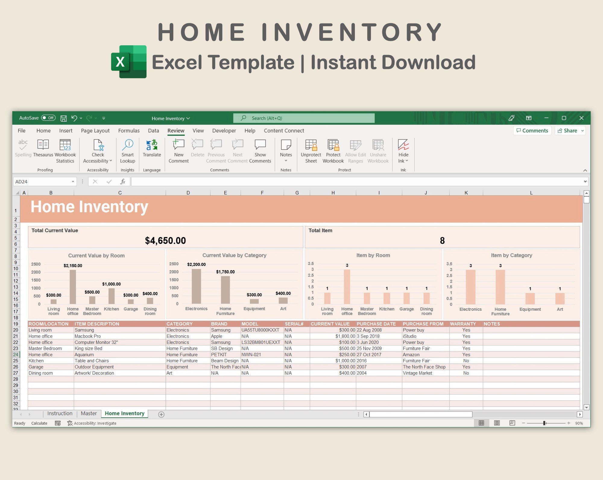 Home Inventory Excel Template