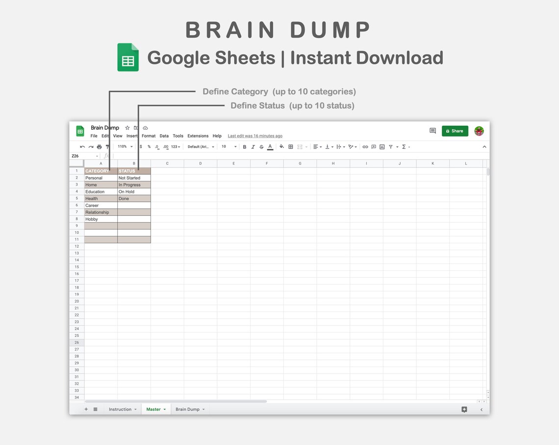 Brain Dump Template Brain Dump Planner Google Sheets Brain | Etsy