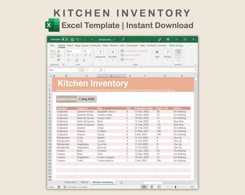Excel Kitchen Inventory, Pantry Checklist, Refrigerator Inventory, Food ...