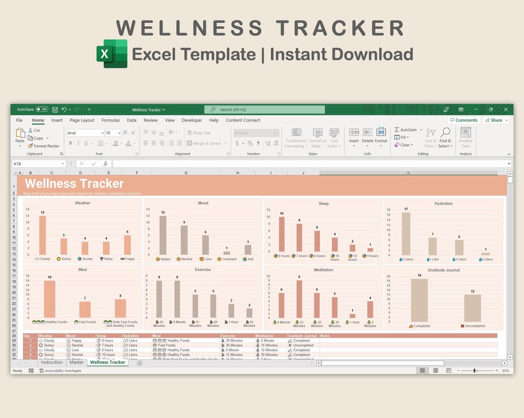 Daily Wellness Tracker for Excel, Routine Tracker, Habit Tracker, Sleep ...