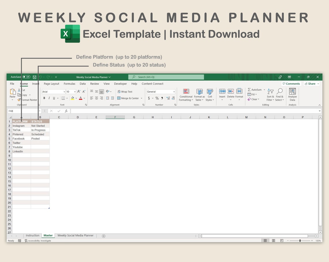 Content Planner Excel, Social Media Excel, Weekly Social Media Content ...