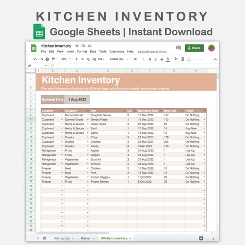 Google Sheet Kitchen Inventory Pantry Checklist Refrigerator - Etsy
