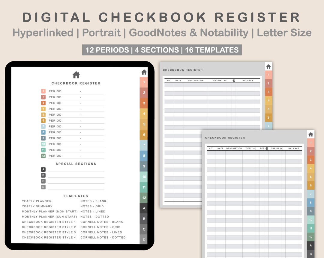 Digital Checkbook Register, Check Book Register, Hyperlinked Notebook ...