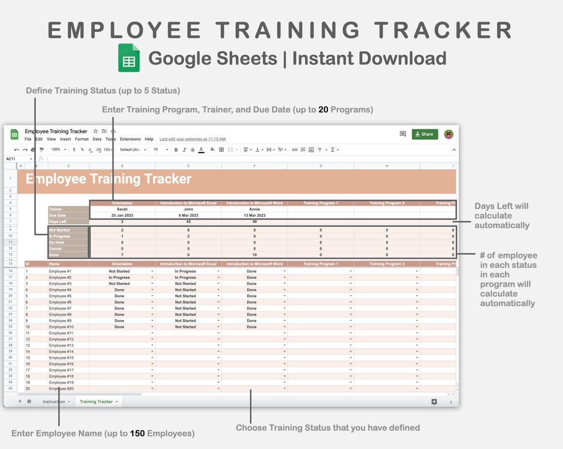 Employee Training Tracker Google Sheets, Training Matrix, Training Log ... Employee Training Tracker Google Sheets, Training Matrix, Training Log ...