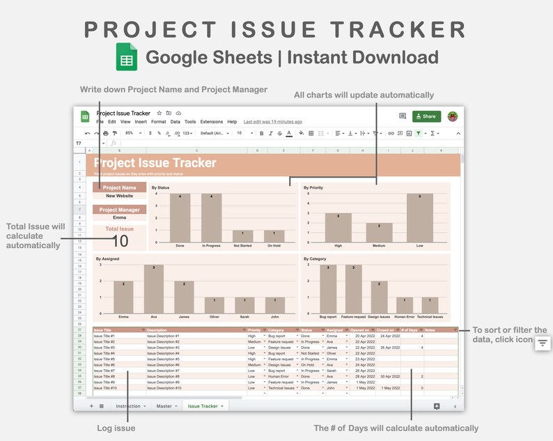 Issue Tracker Template, Google Sheets Issue Tracker, Project Management ...