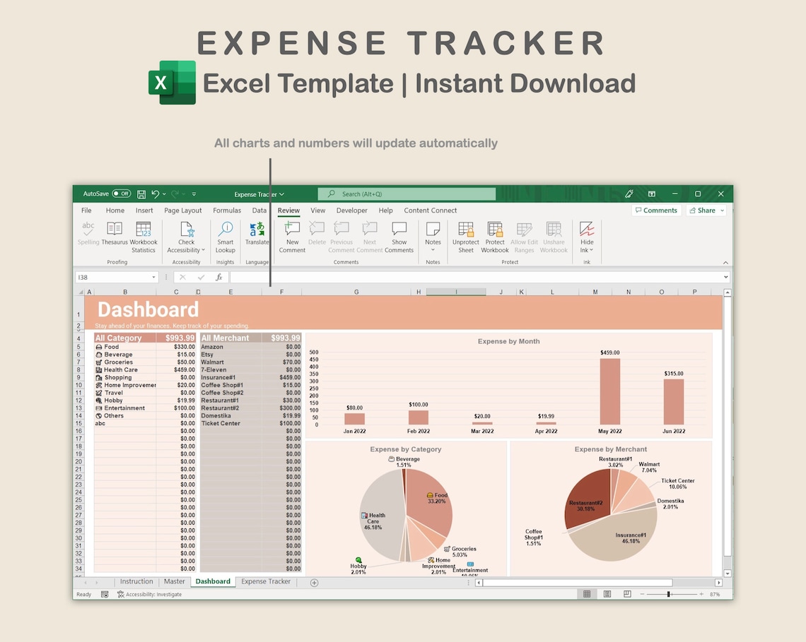 Excel Expense Tracker, Expense Tracker Spreadsheet, Merchant Tracker ...