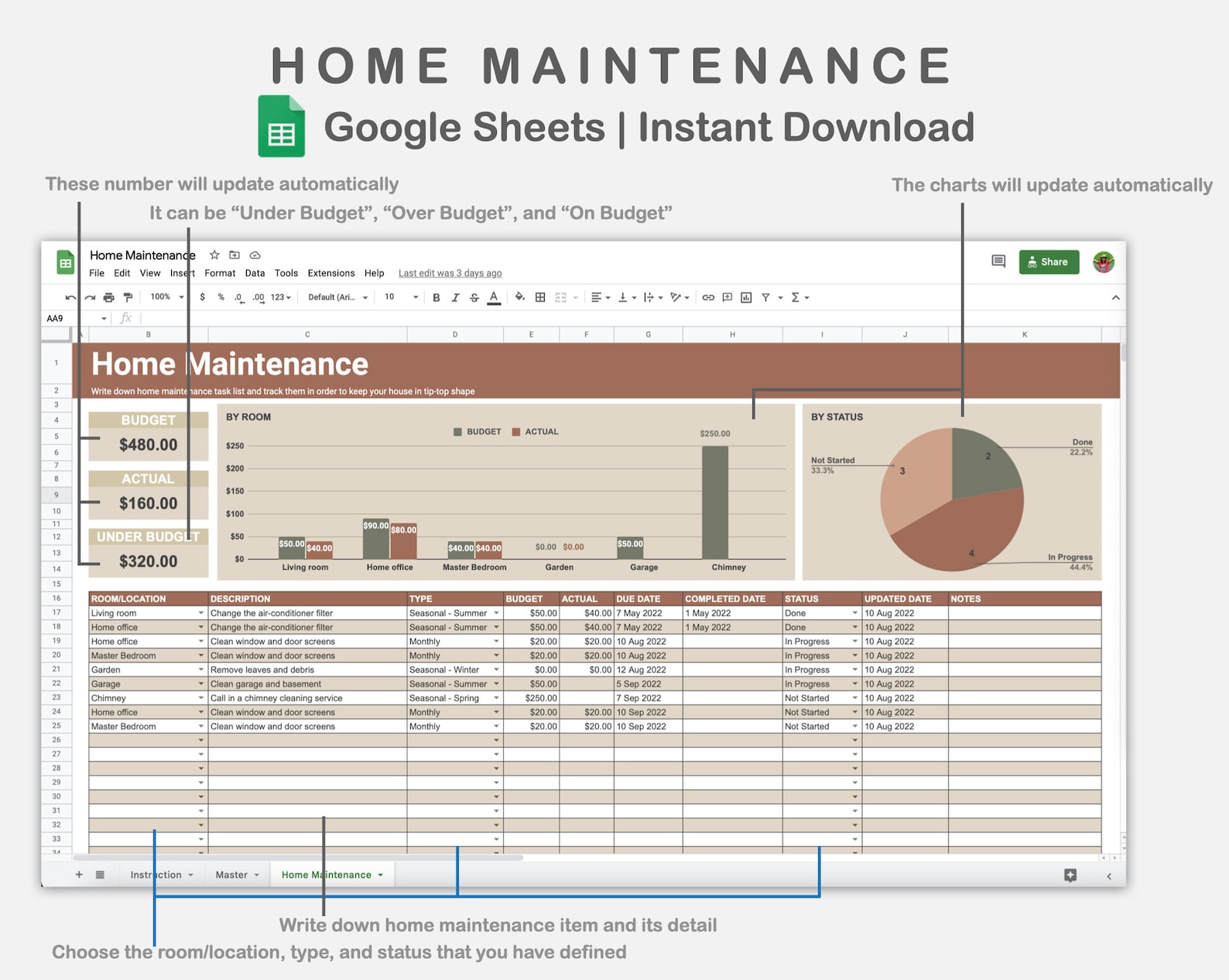 Home Maintenance Spreadsheet Google Sheets for Home - Etsy