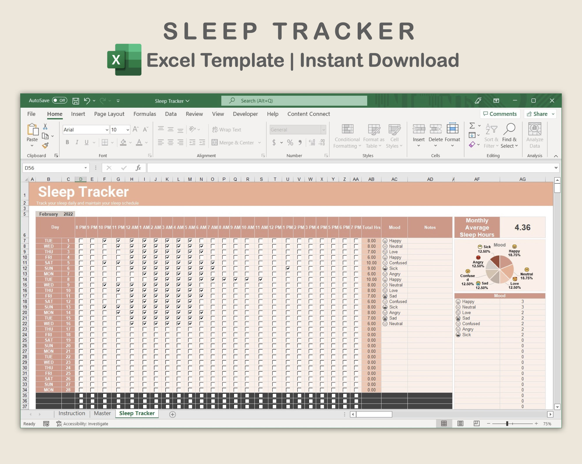 Excel Sleep Tracker Sleep Tracker Spreadsheet Template Daily Etsy 