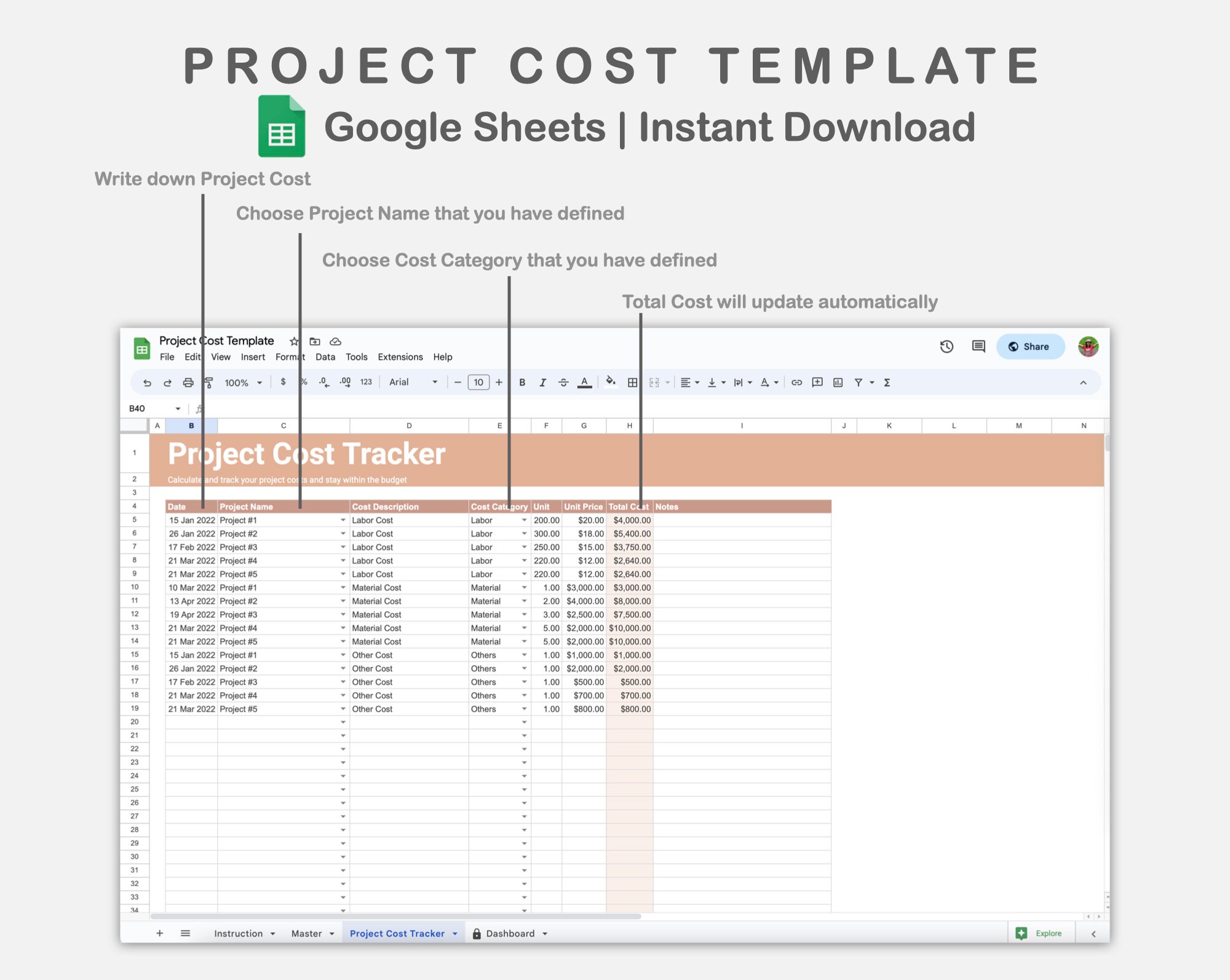 Project Cost Template Google Sheets Project Cost Calculation Etsy