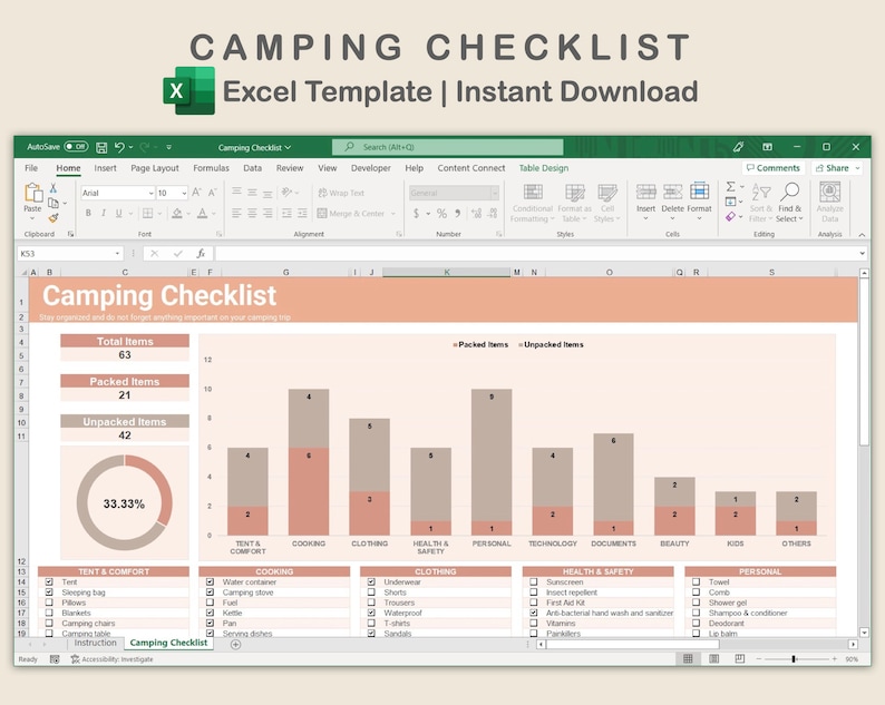 Excel Camping Checklist, Camping List Template, Spreadsheet Template ...