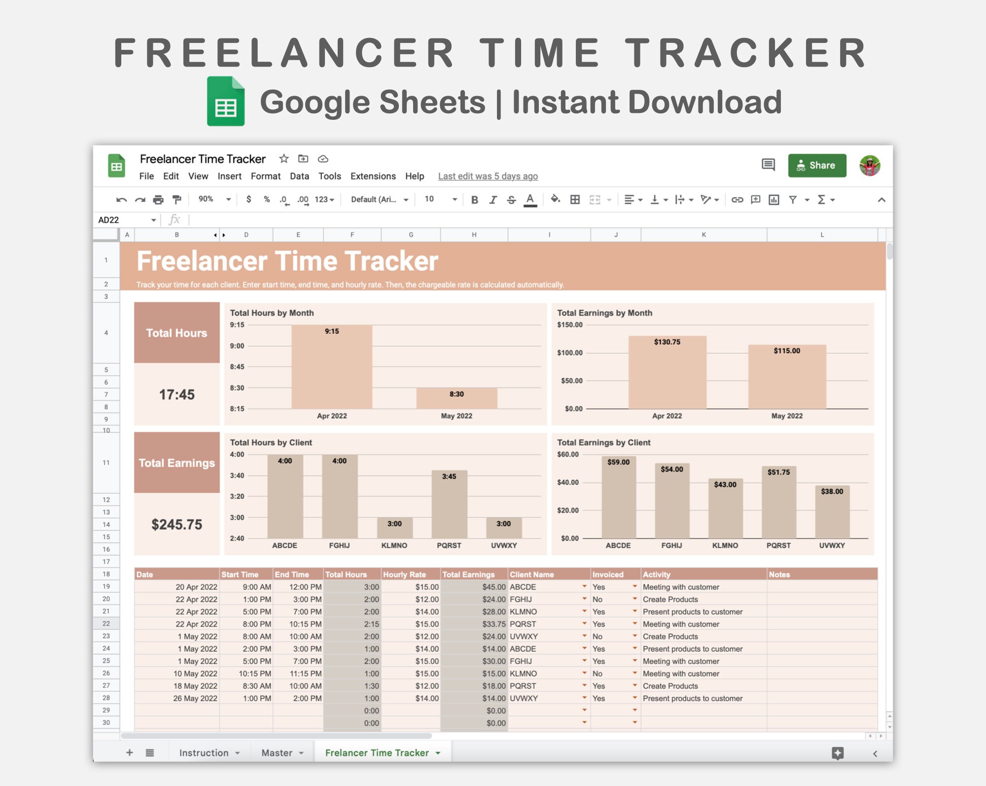 Freelancer Timesheet Google Sheets Time Tracker Spreadsheet Etsy UK
