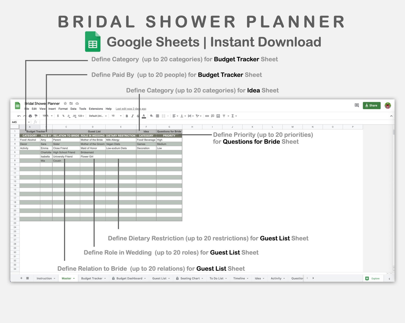 Google Sheets Bridal Shower Planner Bridal Shower Planning - Etsy