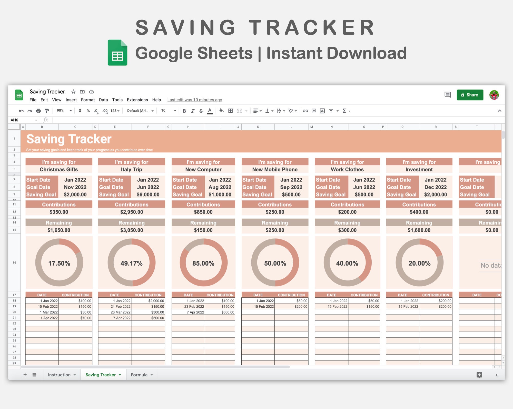 Savings Tracker For Google Sheets Money Saving Planner Etsy