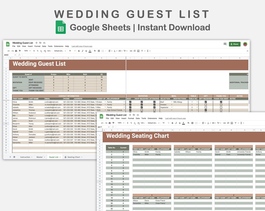 Google Sheets Wedding Guest List, Guest Tracker Spreadsheets ...