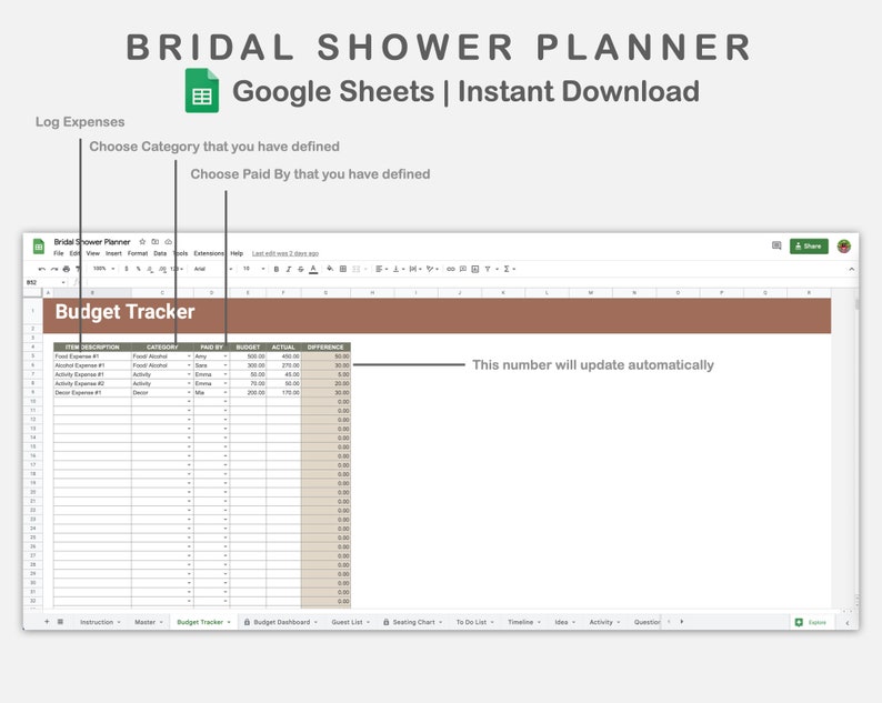 Google Sheets Bridal Shower Planner Bridal Shower Planning - Etsy