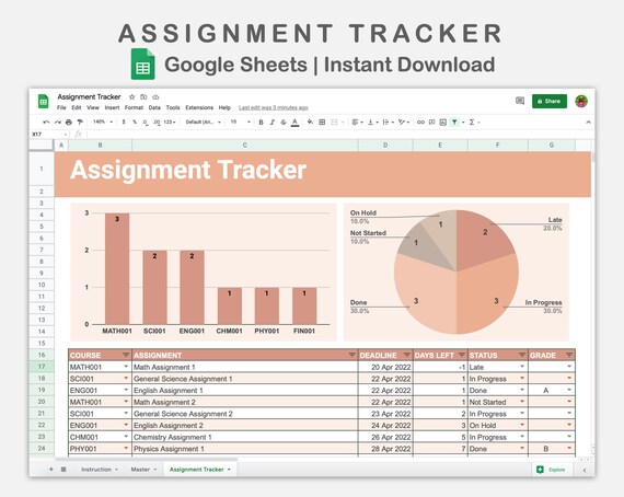Assignment Tracker Google Sheets Homework Planner - Etsy