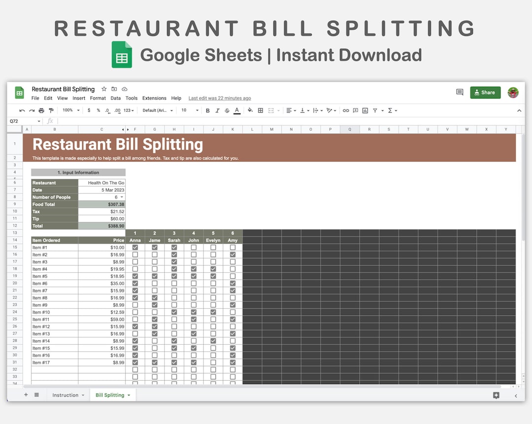 Google Sheets Restaurant Bill Splitting, Bill Split Spreadsheet, Dining ...