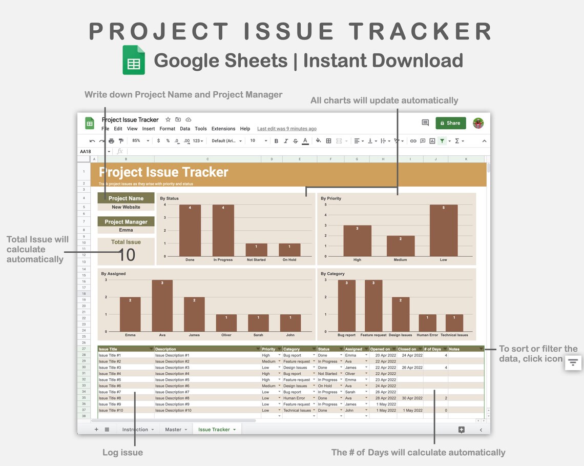 Issue Tracker Template Google Sheets Issue Tracker Project - Etsy
