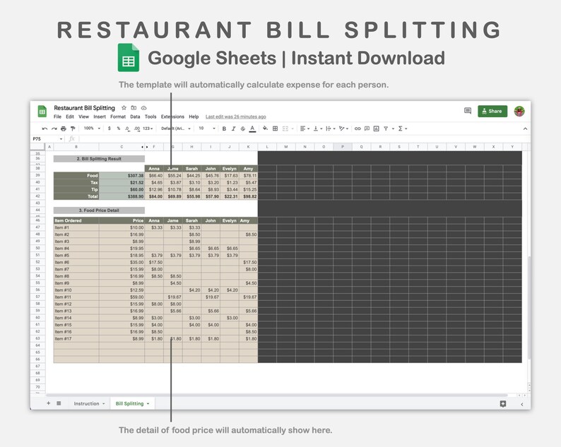 Google Sheets Restaurant Bill Splitting, Bill Split Spreadsheet, Dining ...