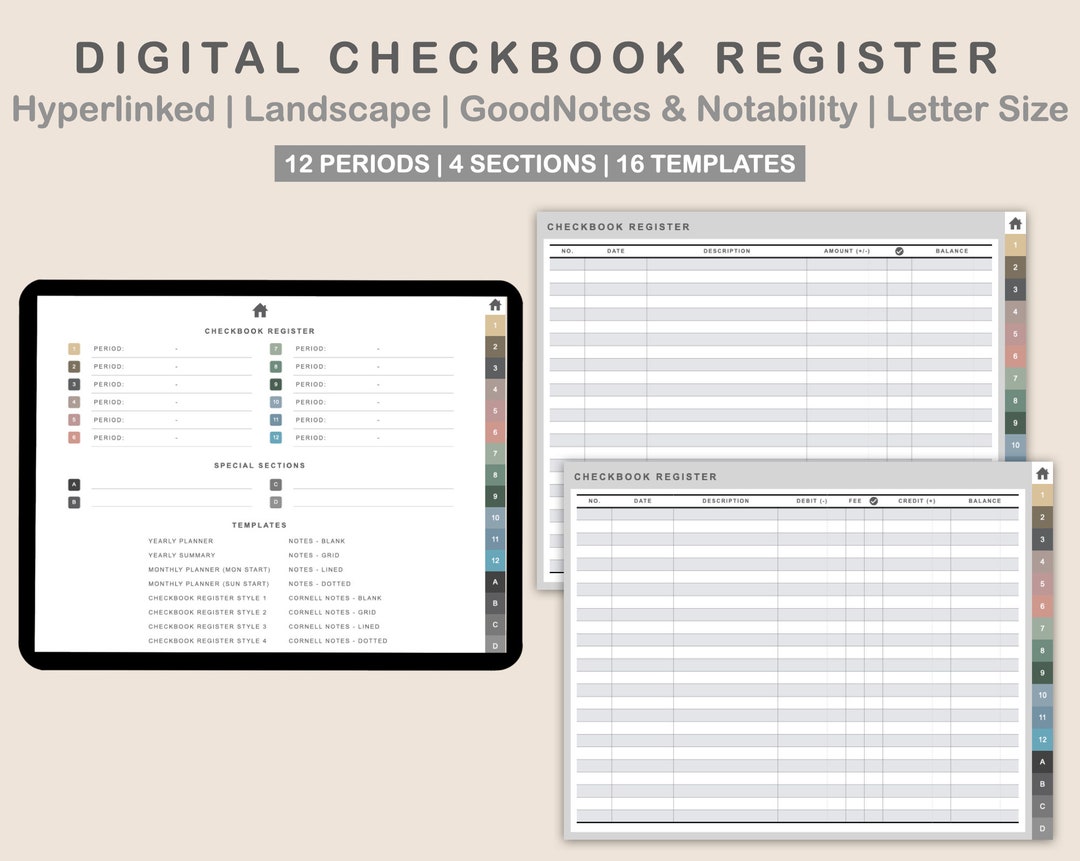 Digital Checkbook Register, Check Book Register, Hyperlinked Notebook ...