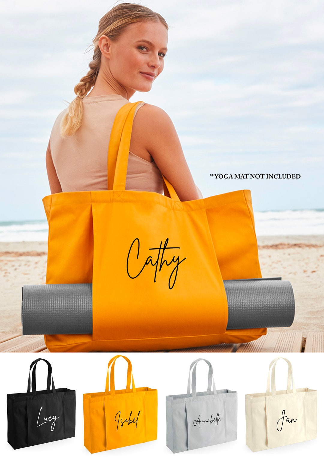 Personalised Large Name Organic Yoga Tote Bag, Script Font, Custom Yoga ...