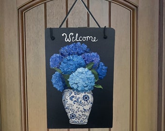 Welcome Slate Sign Outdoor Decor Hydrangea Art Hand Painted Slate Sign ...