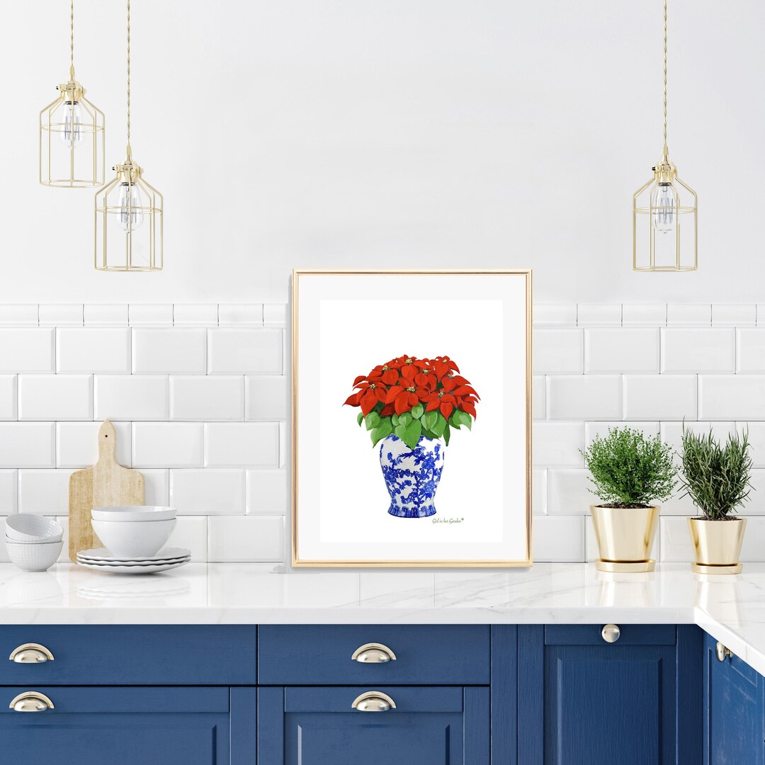 Chinoiserie Poinsettia Christmas Art Print: Blue Holiday Decor - Etsy
