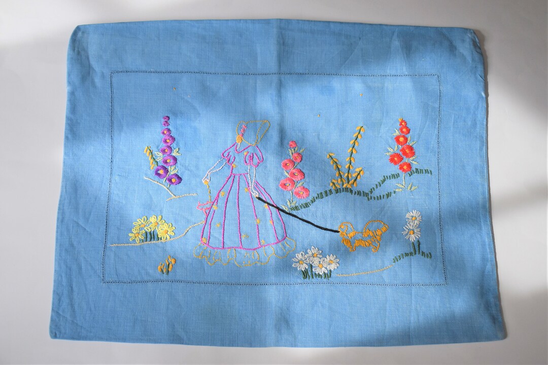 Vintage Hand Embroidered Linen Case: Crinoline Lady & Dog - Etsy