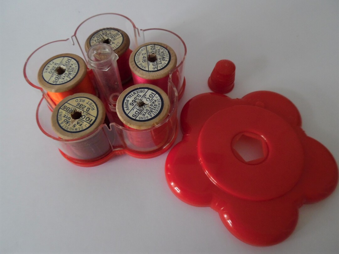 Sewing Caddy. Red Plastic Storage Caddy. Vintage Caddy With Wooden ...