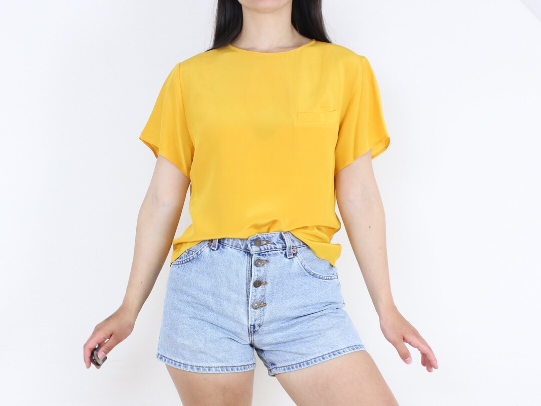 Vintage 90's Yellow Silk Top, Sunny Leigh, Short Sleeve, Buttons at ...