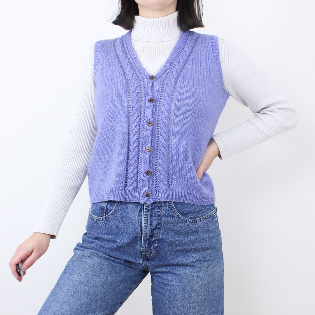 Vintage Handmade Purple Knit Vest, Lilac, Pastel, Wool Blend, Cardigan ...