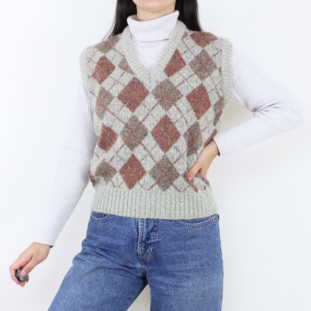 Vintage 80s Cropped Argyle Sweater Vest Beige With Brown And Etsy