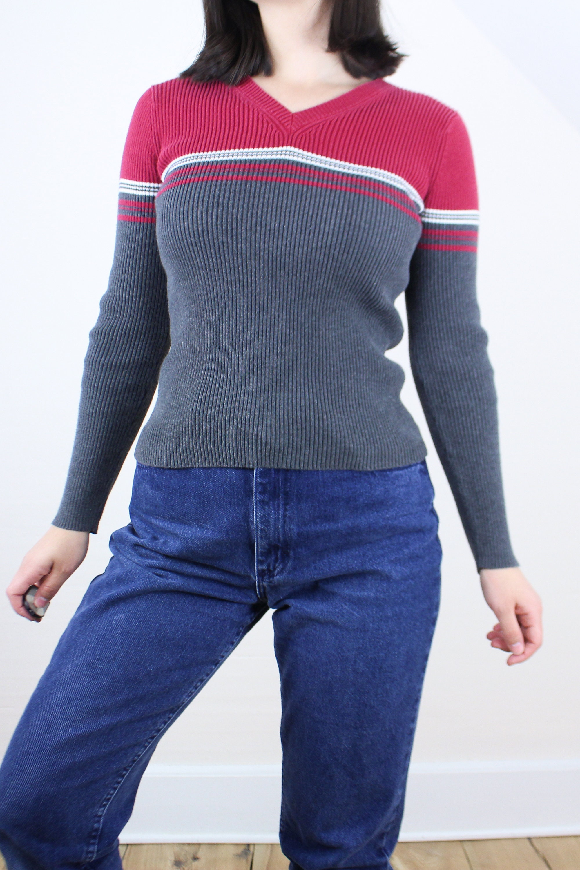 Vintage Late 90s/y2k Rib Knit Sporty V-neck Top, Ribbed, Gray W/ Red ...