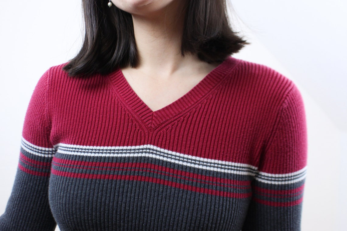 Vintage Late 90s/y2k Rib Knit Sporty V-neck Top, Ribbed, Gray W/ Red ...