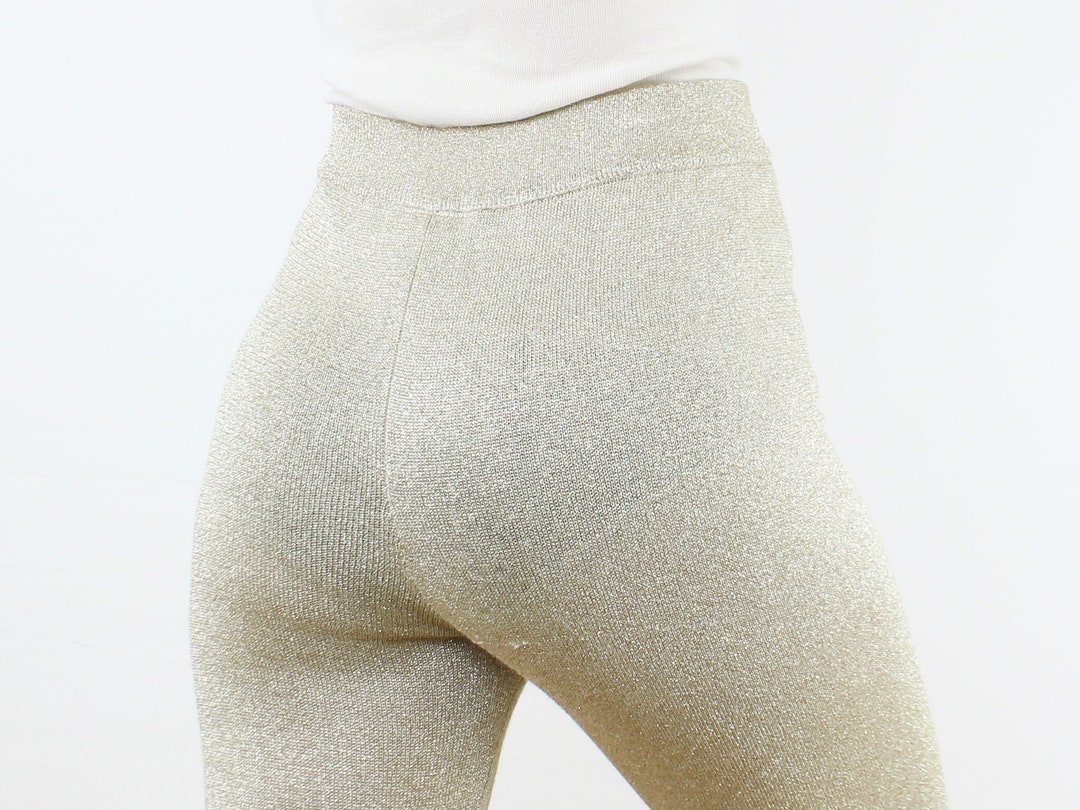 Vintage 80's 26-28W Gold Stirrup Leggings, Suzelle, Stretchy, Lurex ...