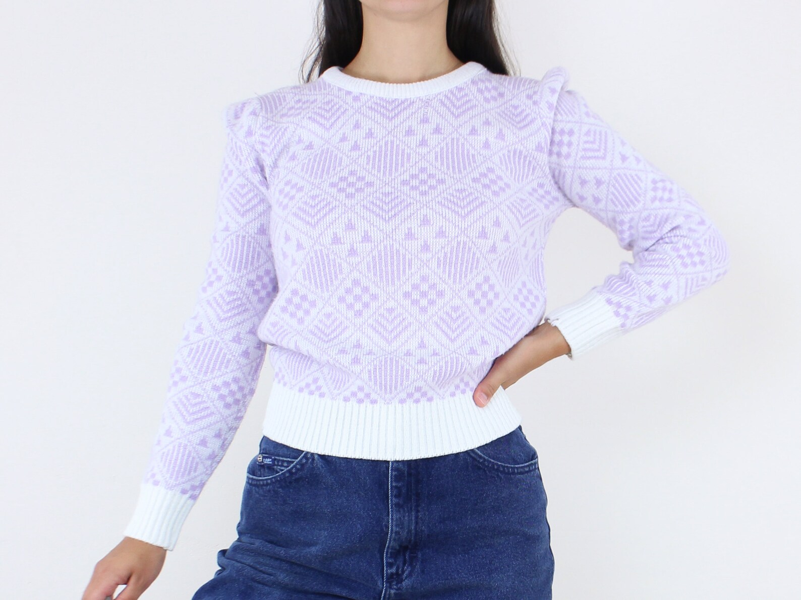 Vintage 80's/90's Purple & White Sweater, Long Sleeve, Crew Neck ...