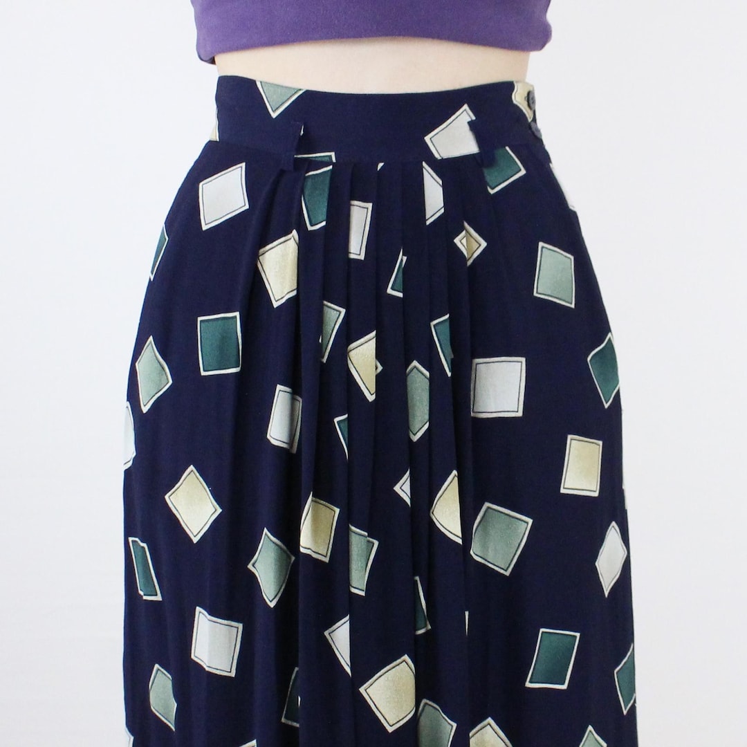 Vintage 90's 27W Unique Square Print Maxi Skirt, Rayon, Pleated, Jones ...