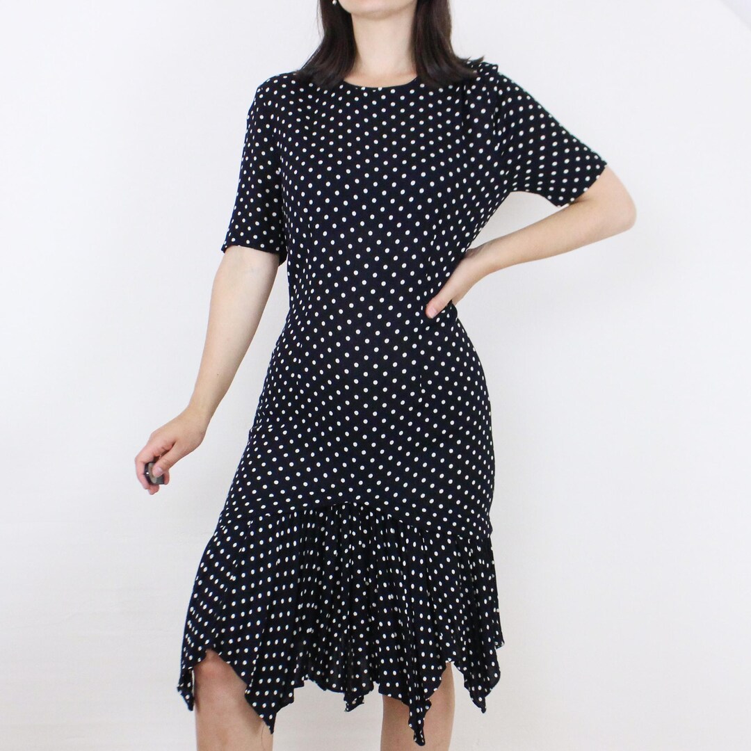 Vintage 90's Polka Dot Rayon Midi Dress, Casual Corner, Black & White ...