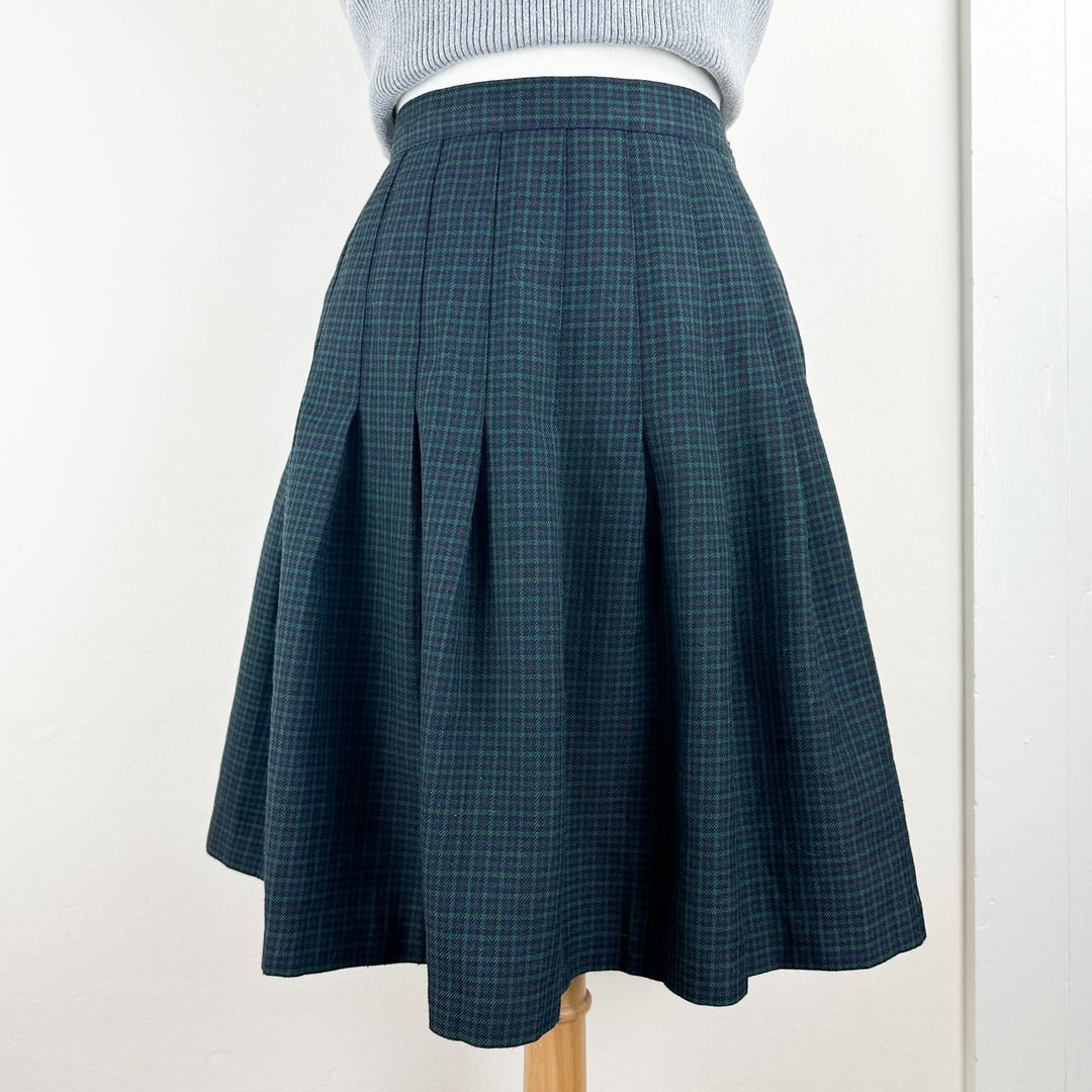 Vintage 90's 30W Pleated Plaid Mini Skirt, Blue Green Black Micro Plaid ...