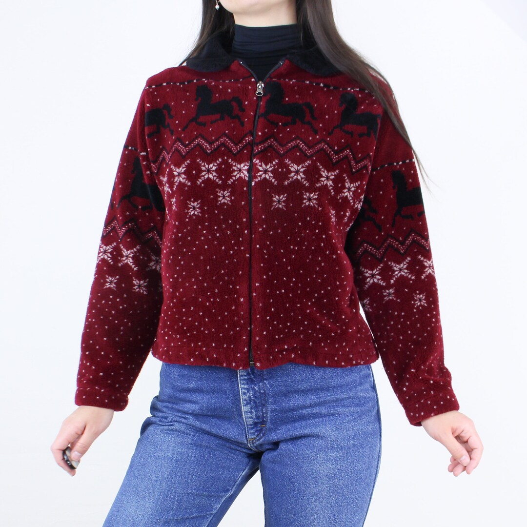 Vintage 90's Fleece Cropped Jacket, Dark Red W/ Black Horses, White ...