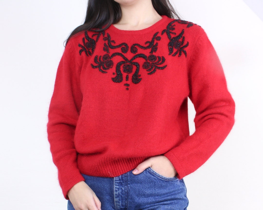 Vintage 80s Red Angora Sweater, Pullover, Crew Neck, Beaded Design ...