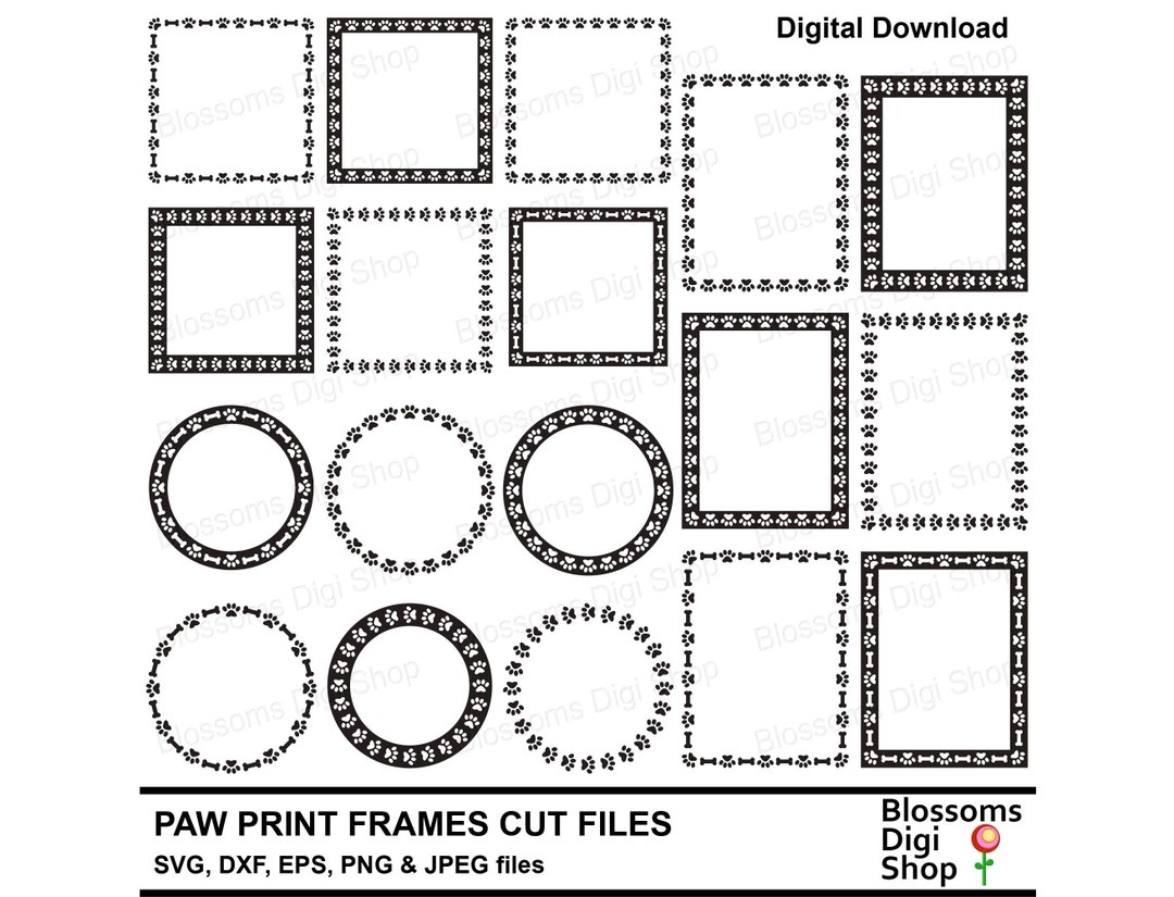 Paw Print Frames, Svg Cut Files, Dog Paw, Cat Paw, Pet Memorial, Border Svg, Photo Frame ...