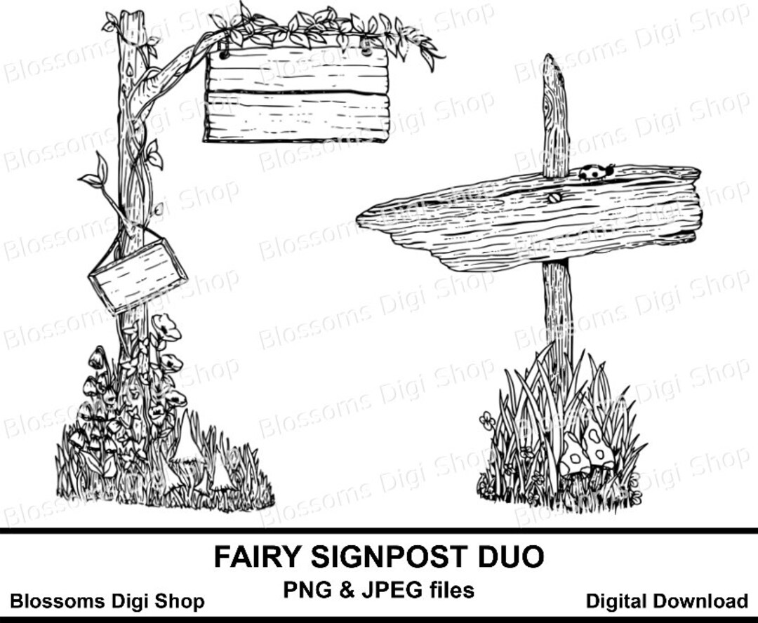 Fairy Signpost Duo, Digital Stamp, Fairy Line Art, Fantasy Png, Flowers ...