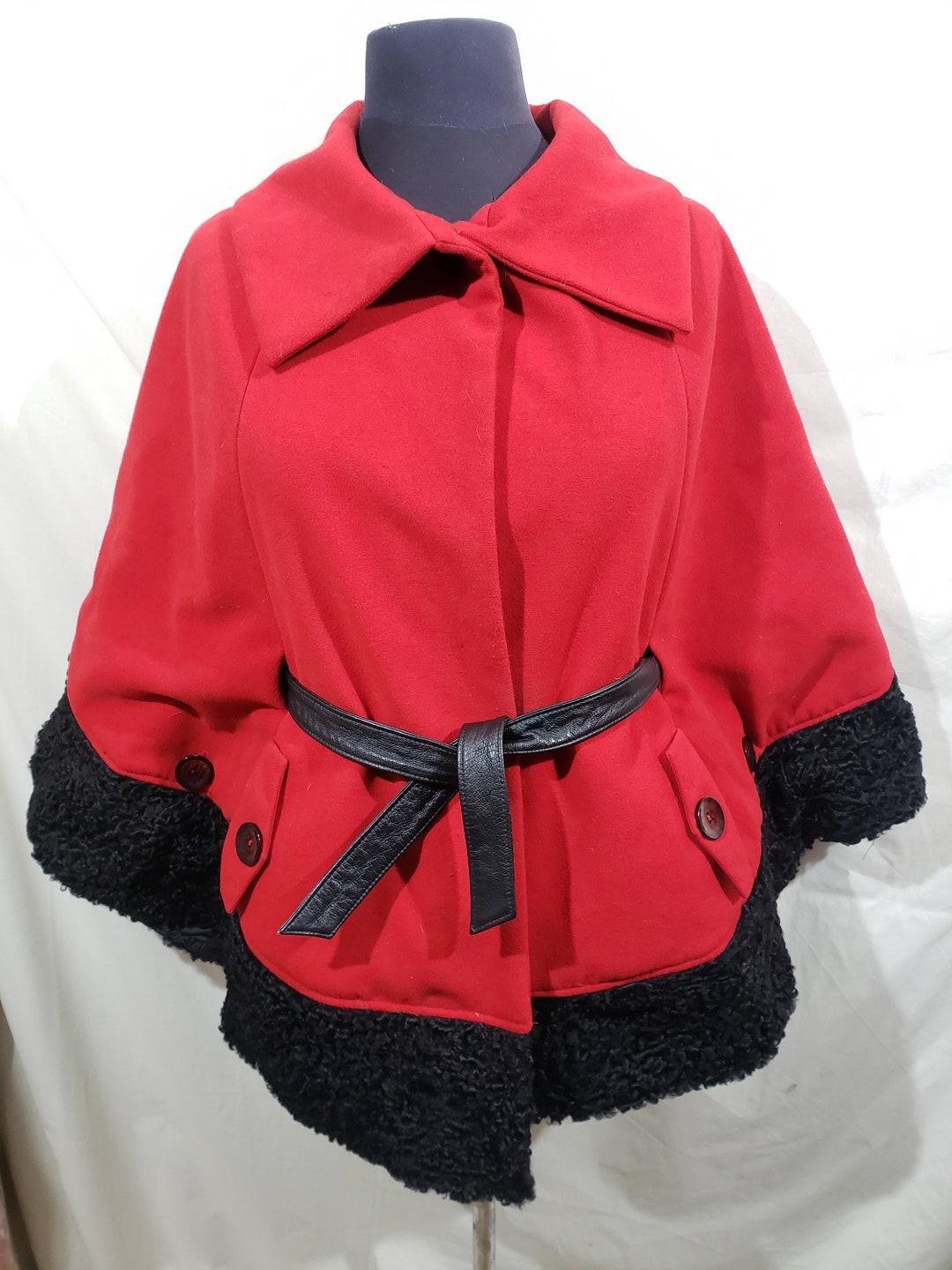 Red Wool Poncho: Astrakhan Fur Trim, Belted Women's Cape - Etsy