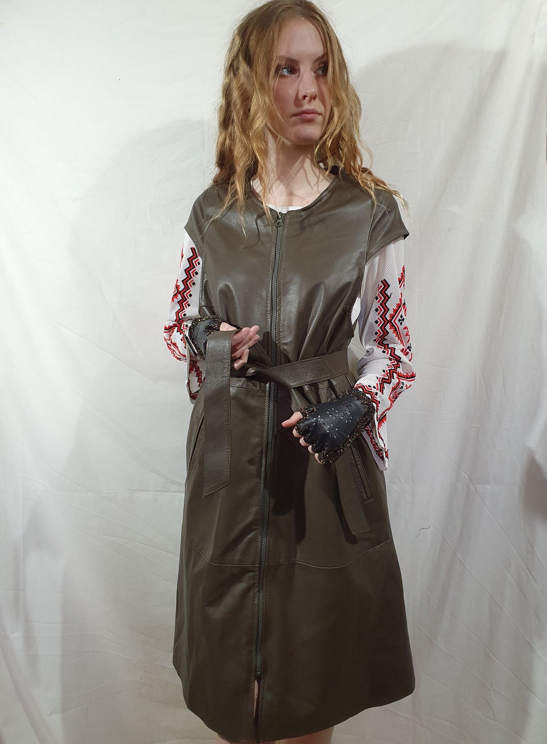 Vintage Brown Leather Sundress: Sleeveless Midi Dress With Belt - Etsy