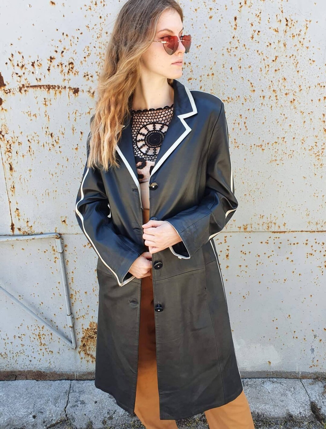 Vintage Black Leather Raincoat: Women's White Trim Coat - Etsy